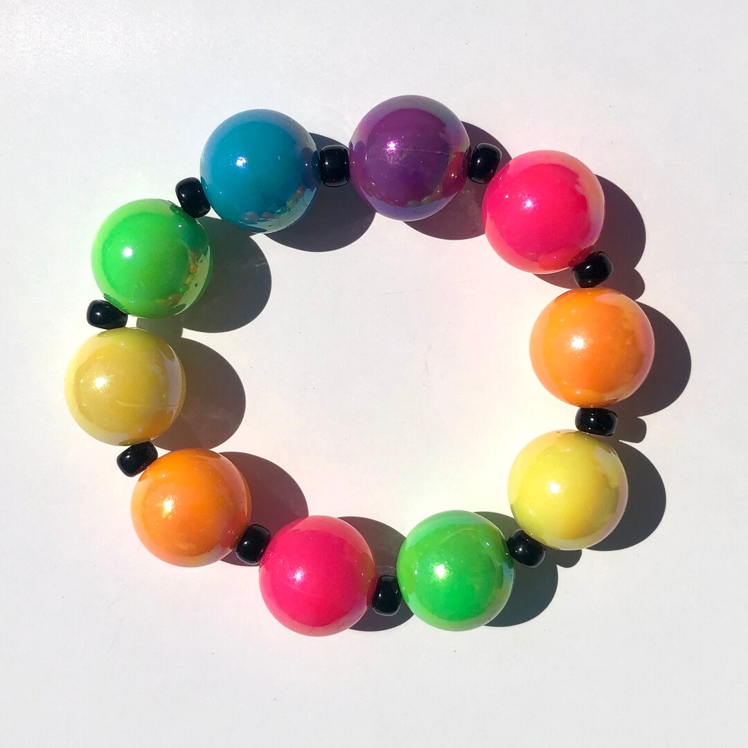 Rainbow Gumball Beads Bracelet Bright Neon, Arm Candy, Raver Jewelry - Etsy