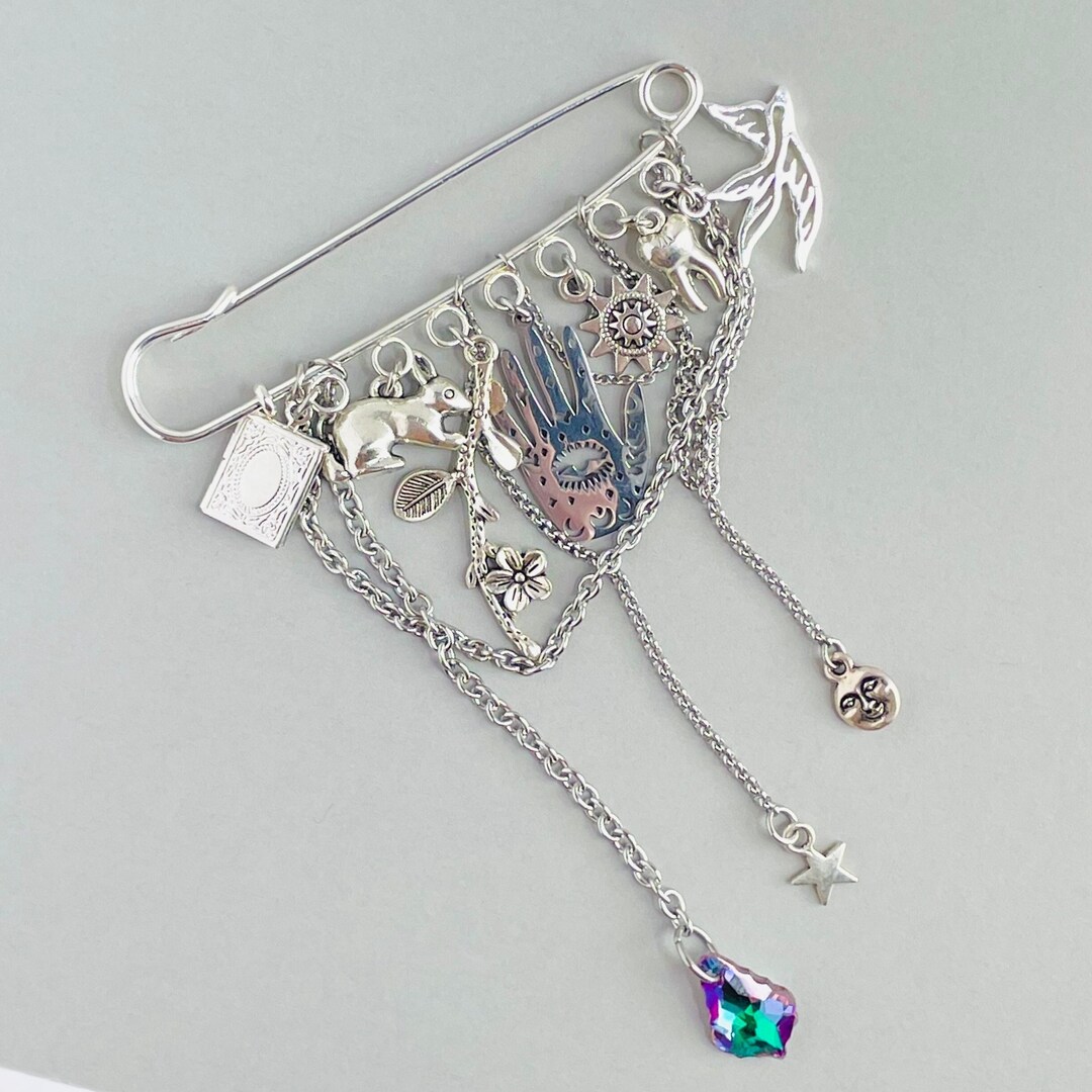 Silver Locket and Metal Safety Pin Brooch With Dangling Chain, Charms ...