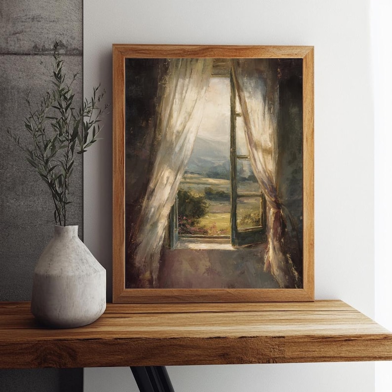 Vintage Open Window Oil Painting Print – Cottagecore Countryside View ...