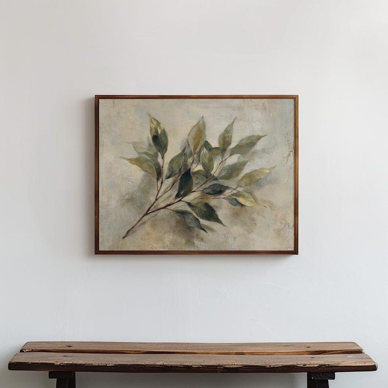 Leafy Branch Oil Painting Print – Neutral Farmhouse Cottagecore Wall ...
