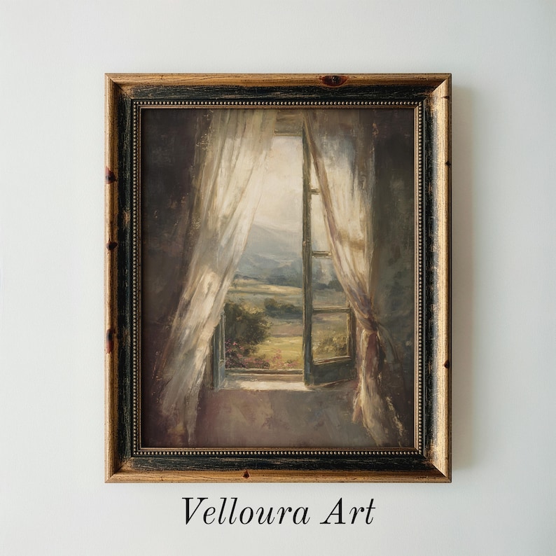 Vintage Open Window Oil Painting Print – Cottagecore Countryside View ...
