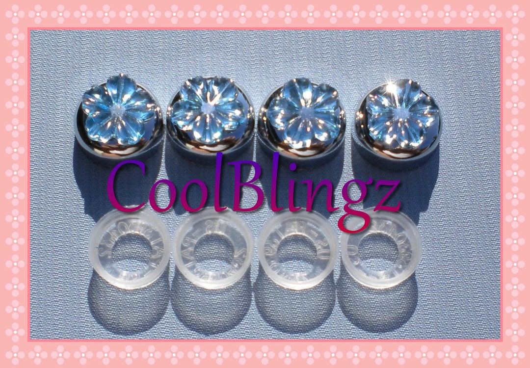 LT. BLUE FLOWER Rhinestone Screw Caps Covers for Crystal Bling License ...
