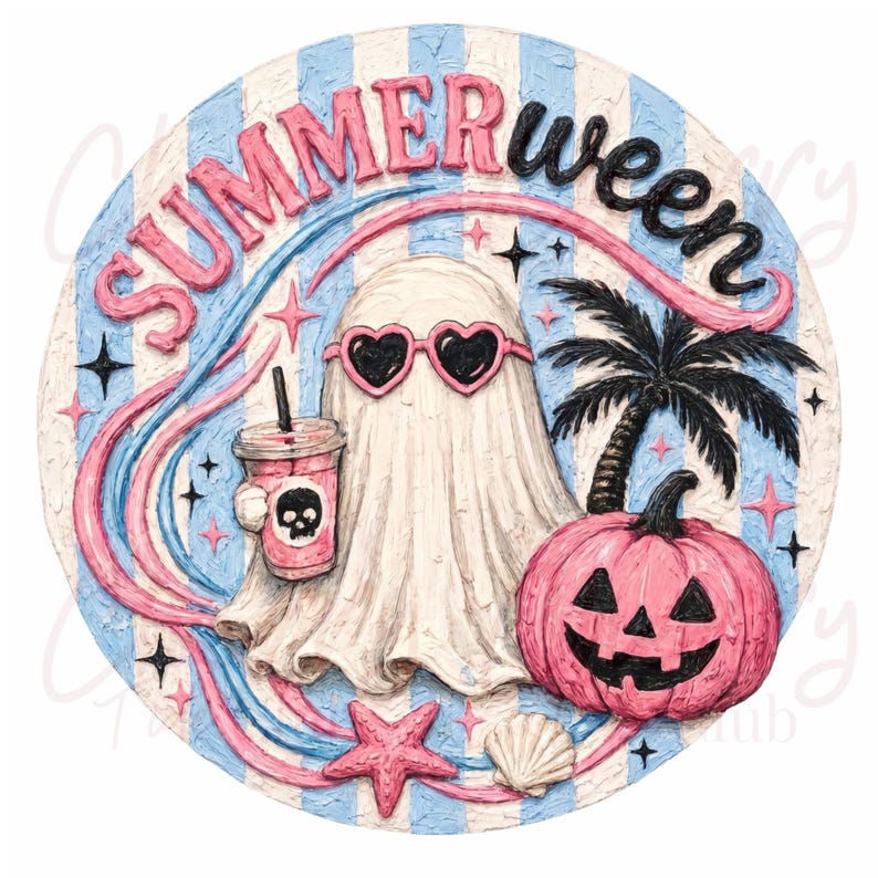 Summerween Impasto Style Ghost PNG, Striped Summer Halloween Beach ...
