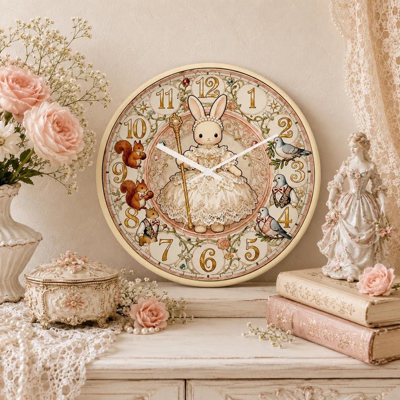 Vintage Bunny Wall Clock, Rabbit Princess Decorative Clock, Cottagecore ...