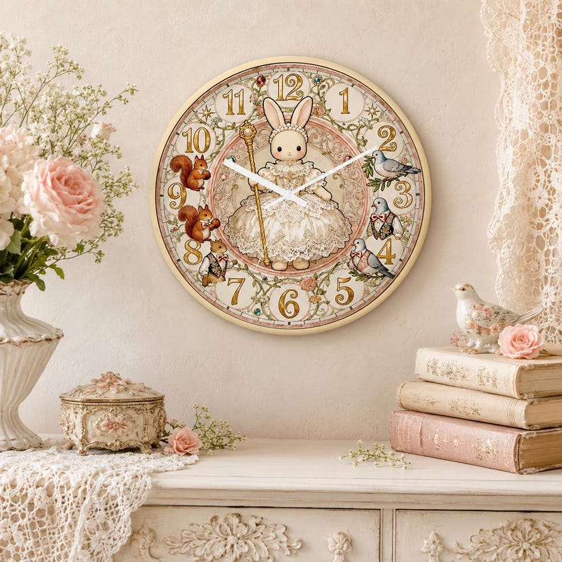 Vintage Bunny Wall Clock, Rabbit Princess Decorative Clock, Cottagecore ...