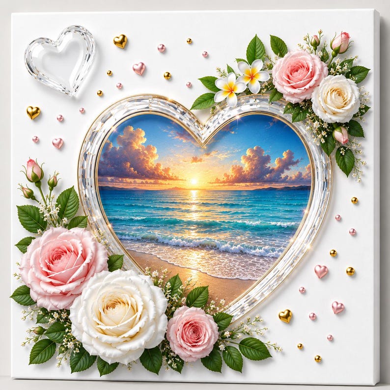 Heart Beach Sunset Canvas Print, Romantic Coastal Ocean Decor (digital ...