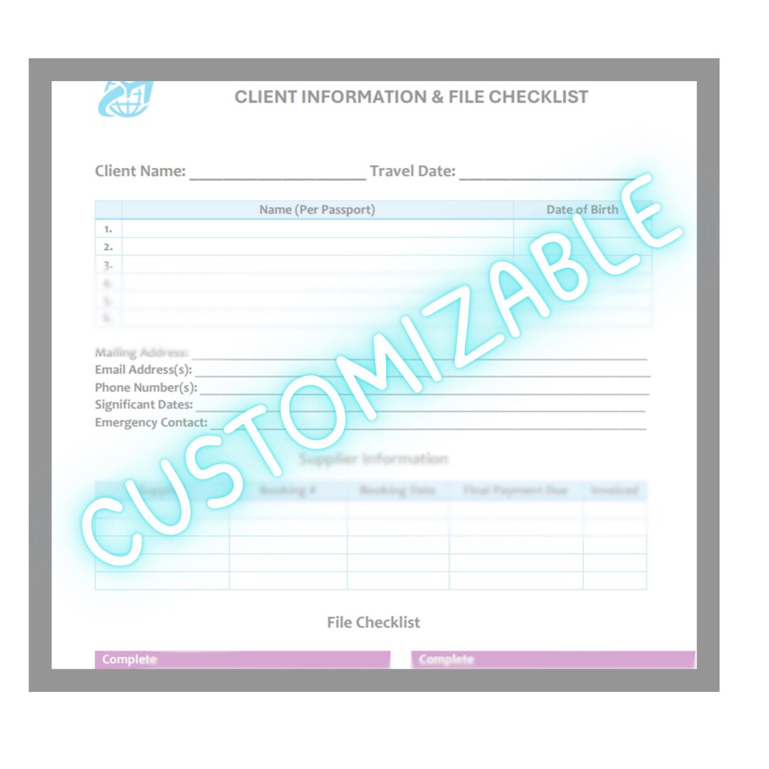 Travel Agent Client Information & File Checklist | Travel Agent Forms ...
