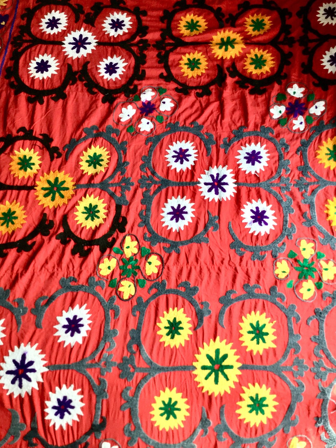 Vintage as is Embroidered Red Fabric Suzani Floral Embroidery Bed Cover ...