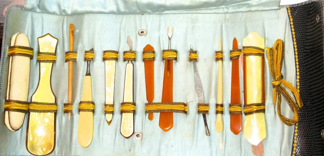 Vintage Celluloid Bakelite Manicure Set in Roll Pouch Deco Era Nail ...