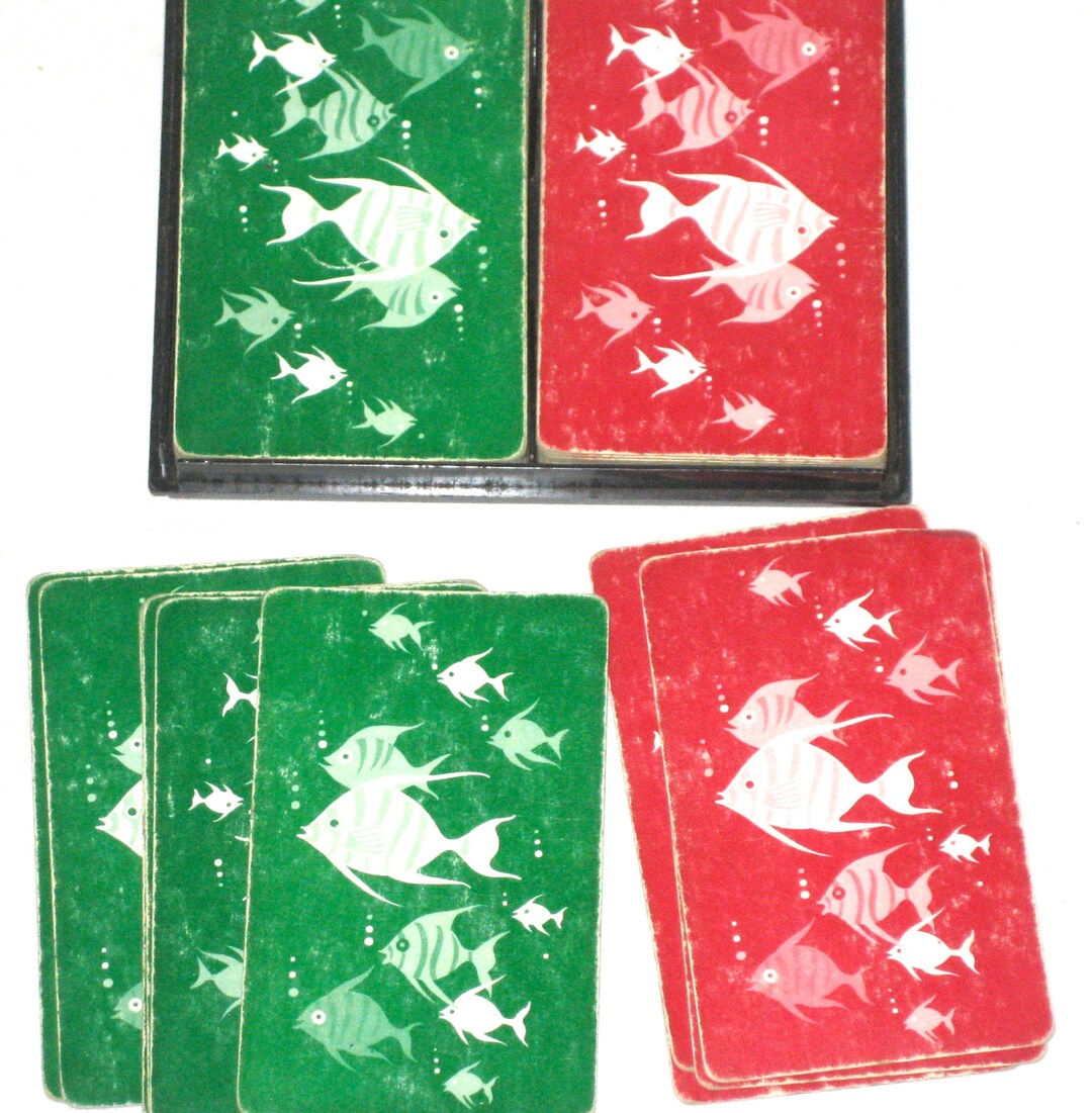 Vintage Pair of Playing Cards 2 Decks 50s Modern Design Fish Card Deck ...