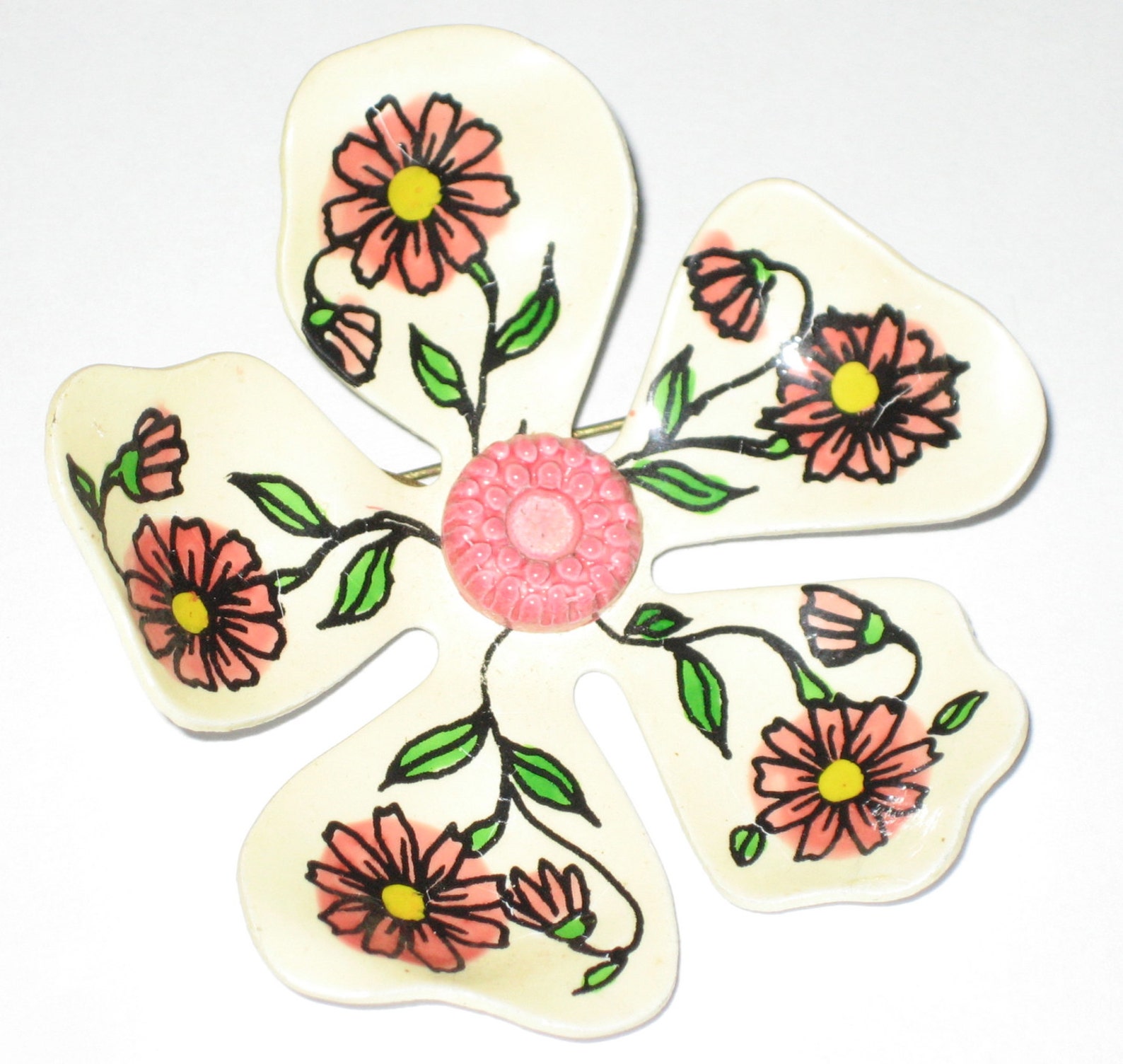 Vintage West Germany Metal Flower Pin Enamel Painted Floral Designs ...