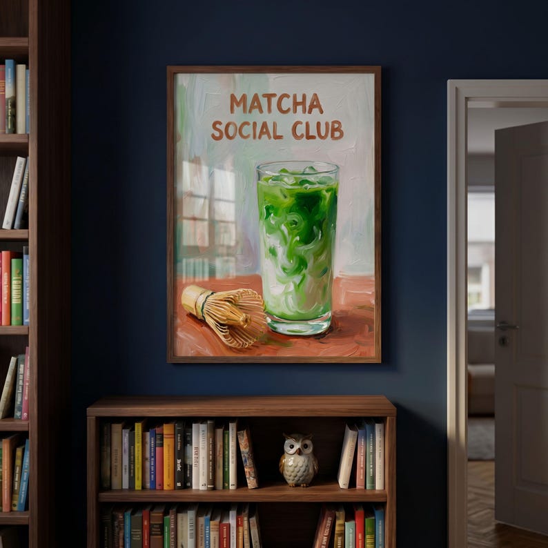 Matcha Social Club Poster, Oil Painting Latte Art, Sage Green Kitchen ...