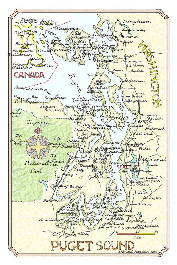 Puget Sound, Seattle, WA Map - Etsy