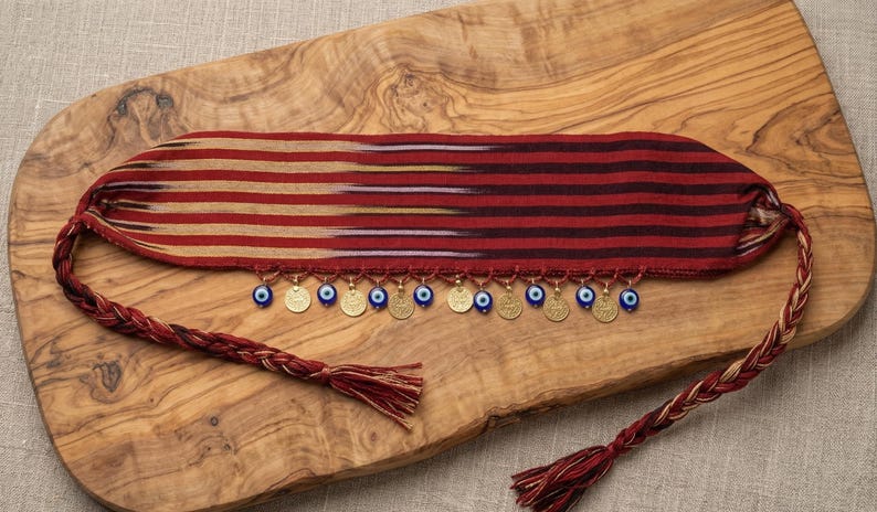 Turkish Keşan Head Scarf Boho Braided Bandana With Evil Eye Coins ...