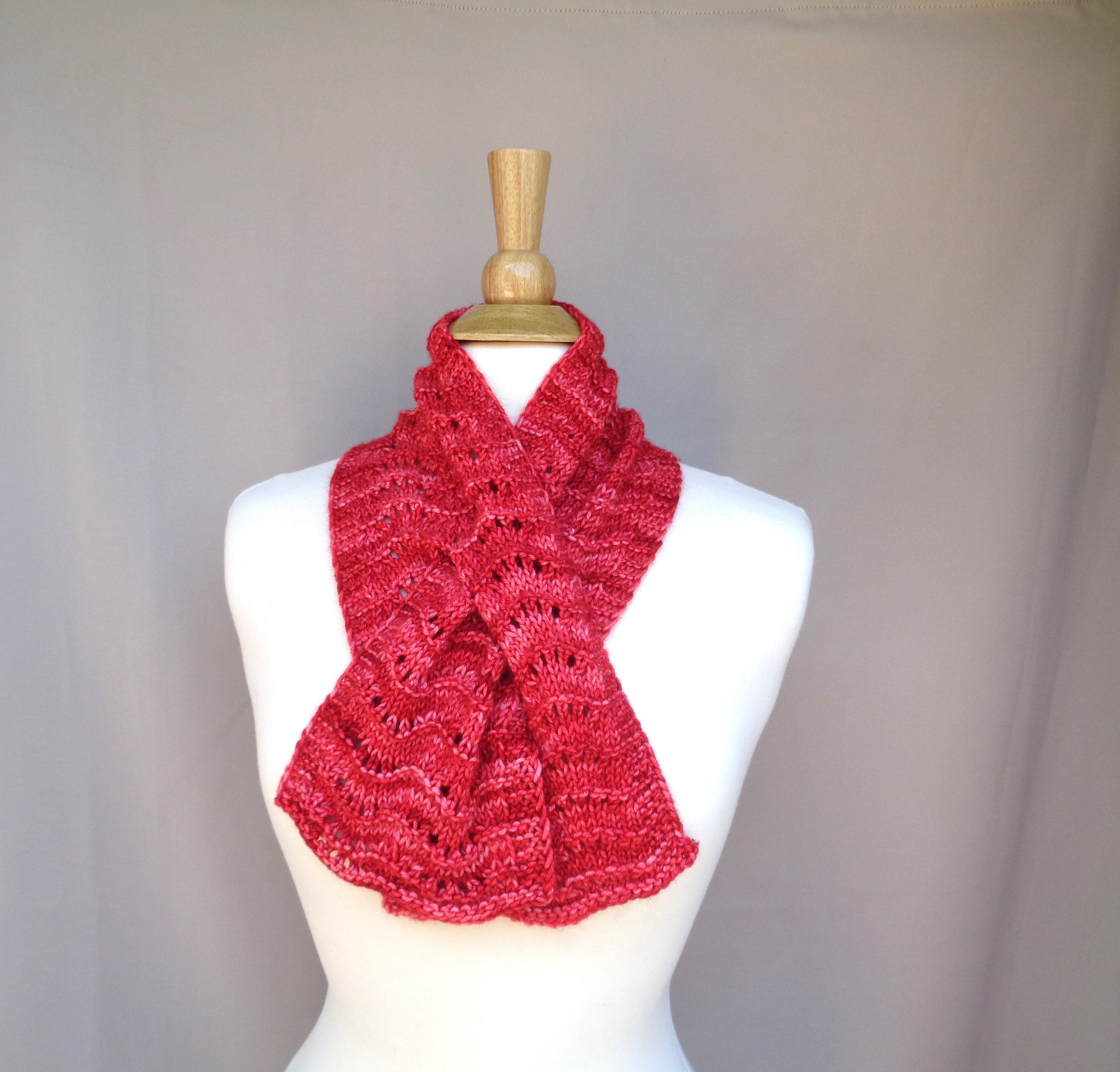 Bright Red Keyhole Scarf, Pull Through, Hand Knit, Merino Wool Cashmere ...