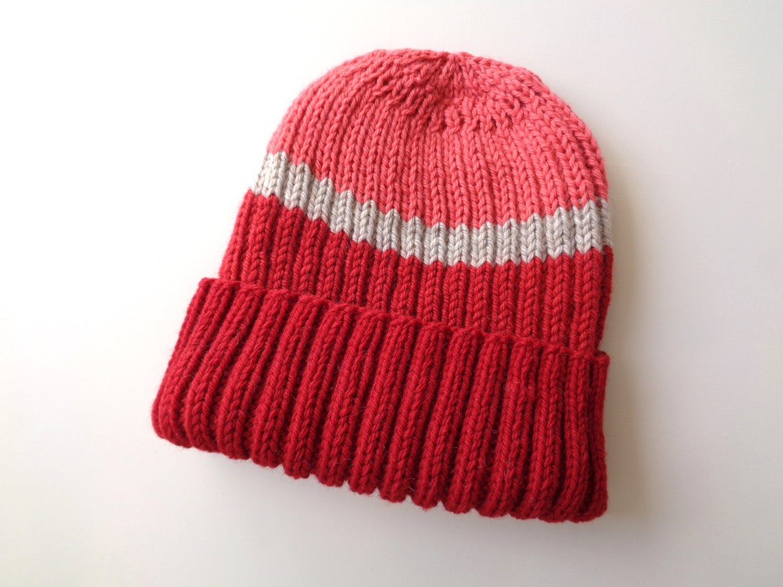 Warm Wool Hat Hand Knit Watch Cap Bright Red & Tan Toque | Etsy