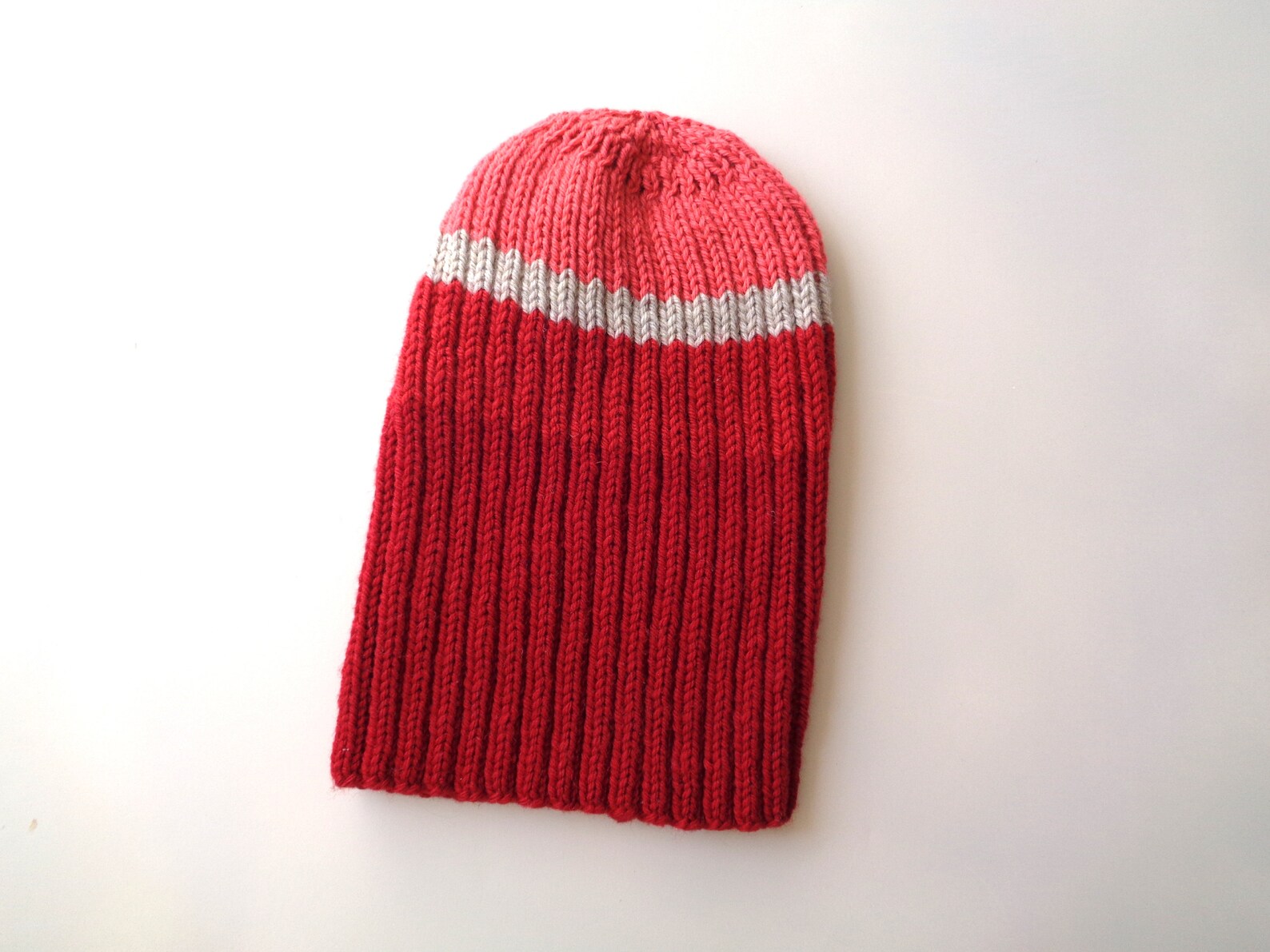 Warm Wool Hat Hand Knit Watch Cap Bright Red & Tan Toque - Etsy