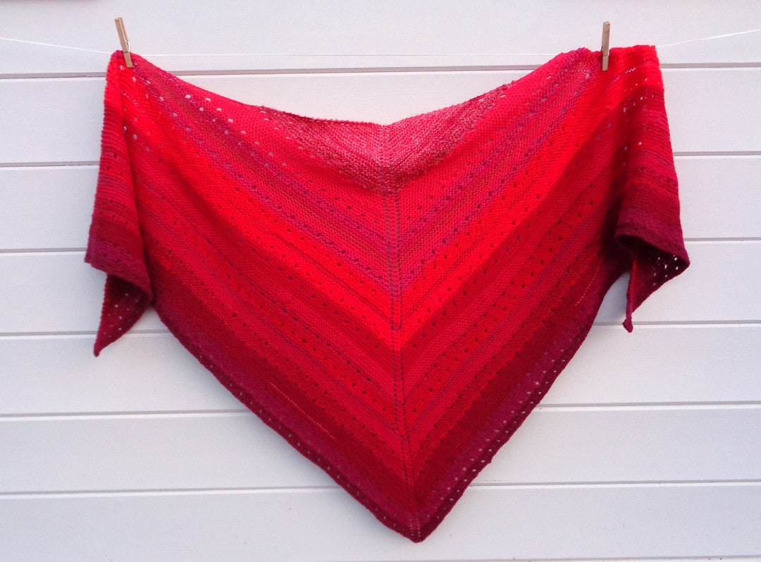 Bright Red Shawl With Gradient Ombre Design, Hand Knit Extra Large ...