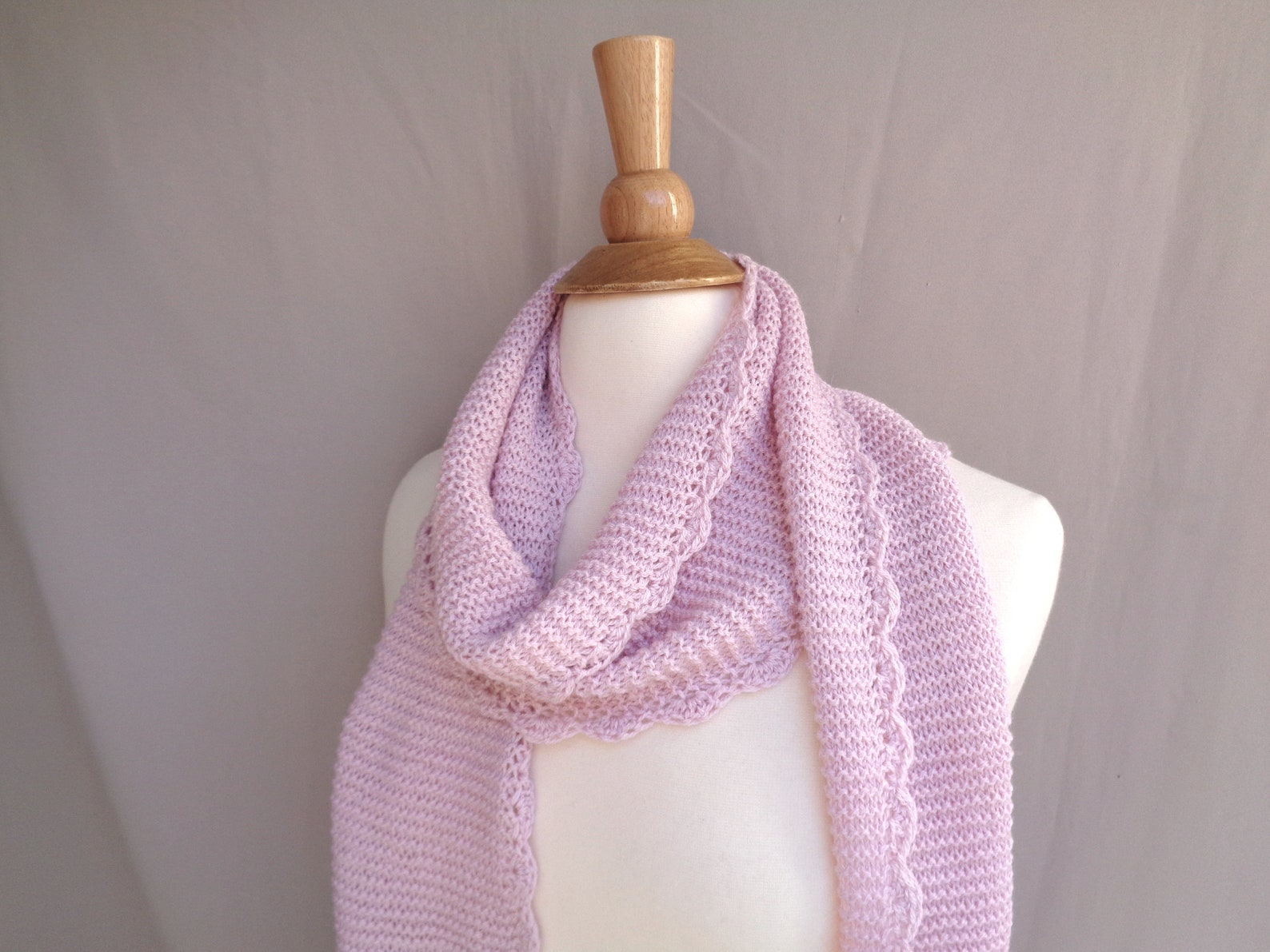 Alpaca Wool Scarf With Scallops, Pale Pink, Hand Knit Natural Fiber ...