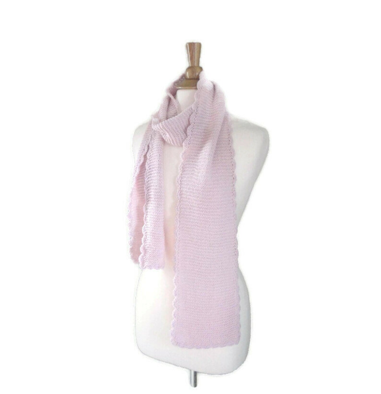 Alpaca Wool Scarf With Scallops, Pale Pink, Hand Knit Natural Fiber ...