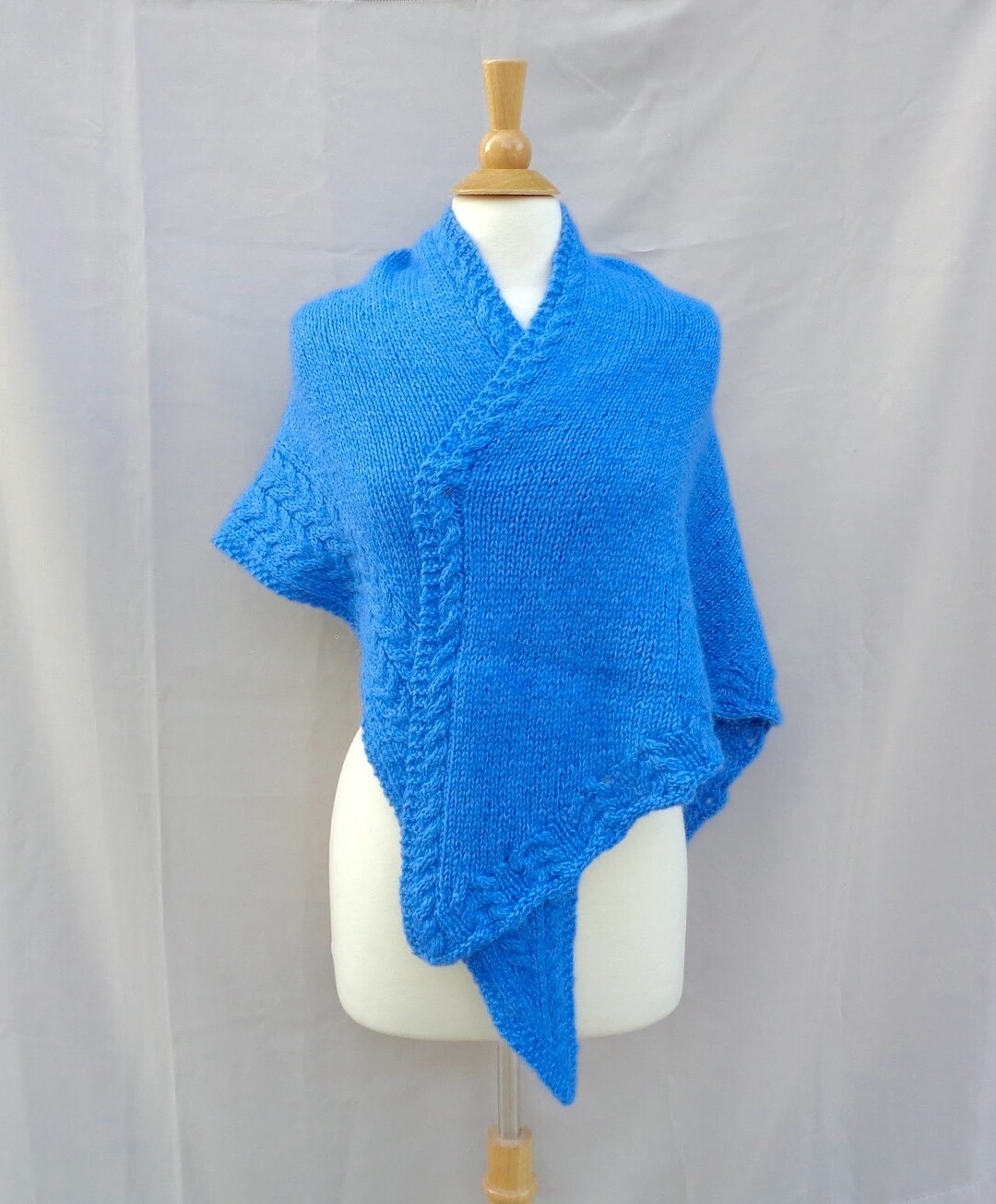 Sky Blue Shawl Wrap With Cables, Alpaca and Wool, Hand Knit Fluffy ...