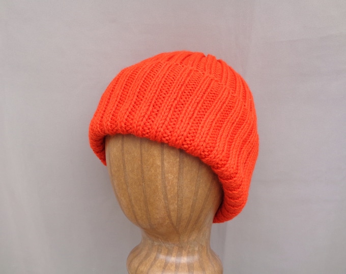 Bright Orange Hat, Hand Knit, Peruvian Wool, Teens Men Women, Watch Cap ...