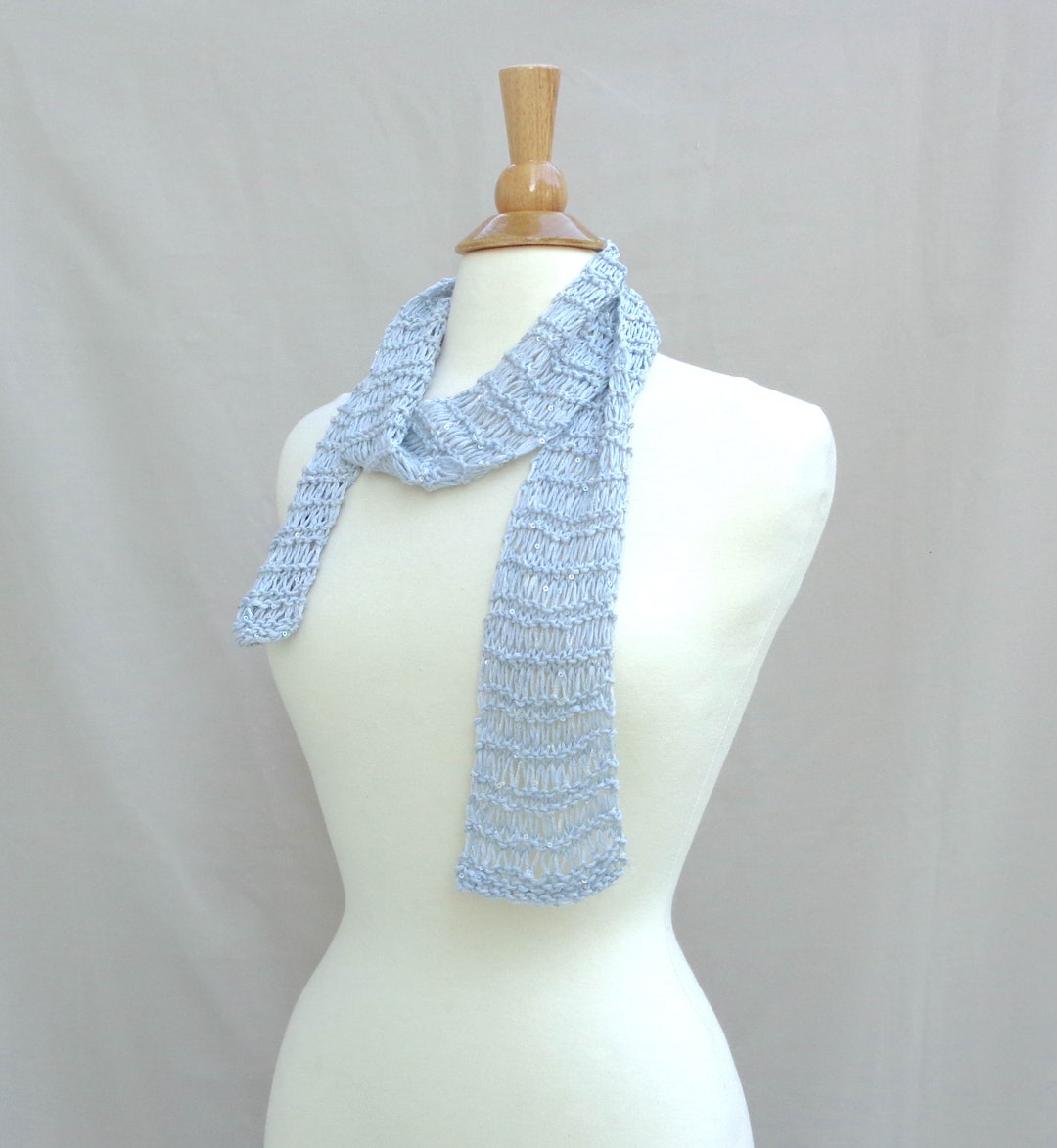 Pale Blue Gray Scarf With Sequins, Skinny Knit Scarf, Art Fashion ...