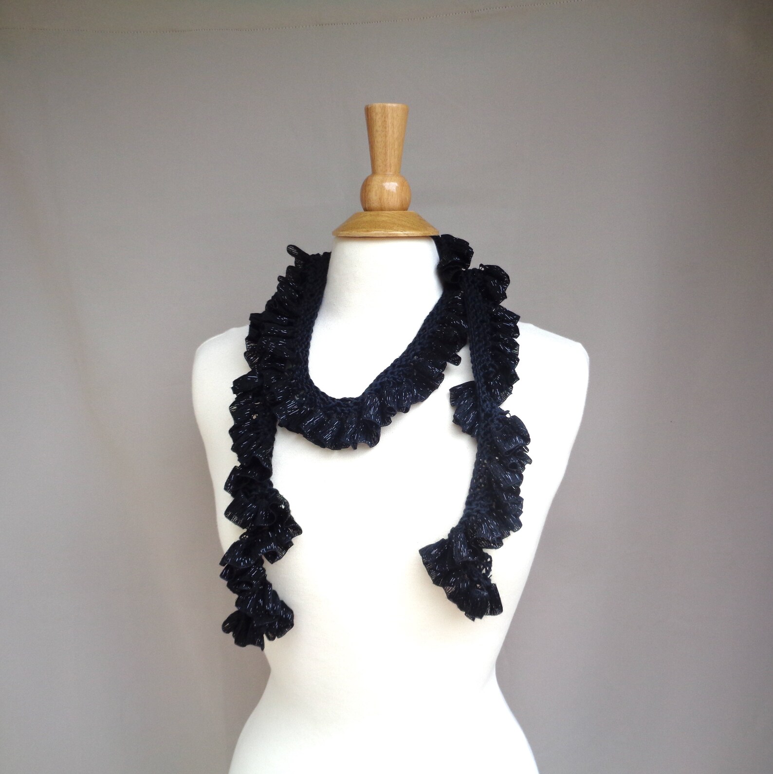Skinny Ruffle Scarf Black Silver Metallic Art Scarf Open - Etsy