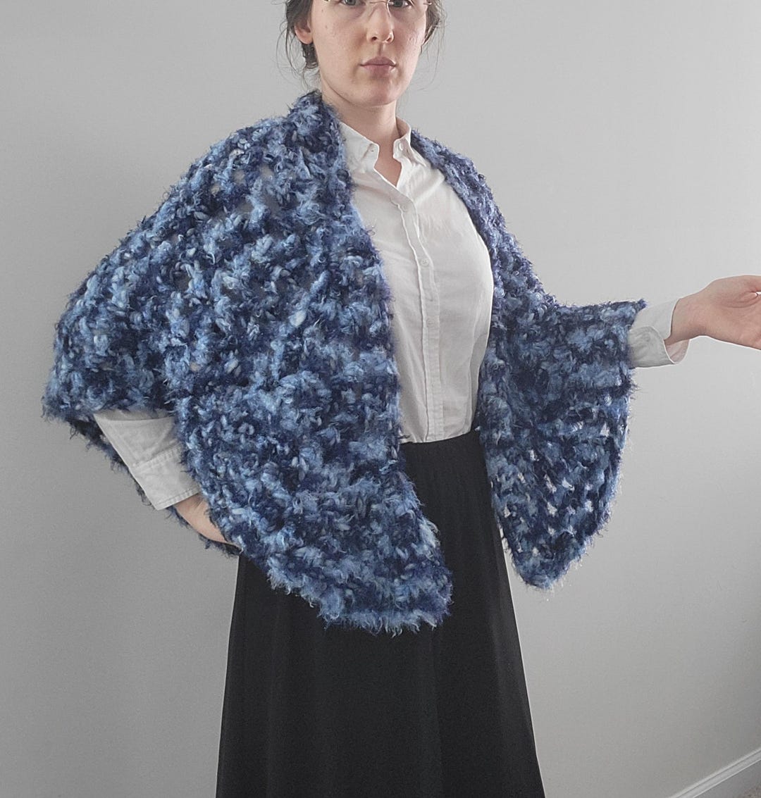 Fluffy Lace Shawl Wrap, Hand Crochet Blue Multicolor, Comforting ...