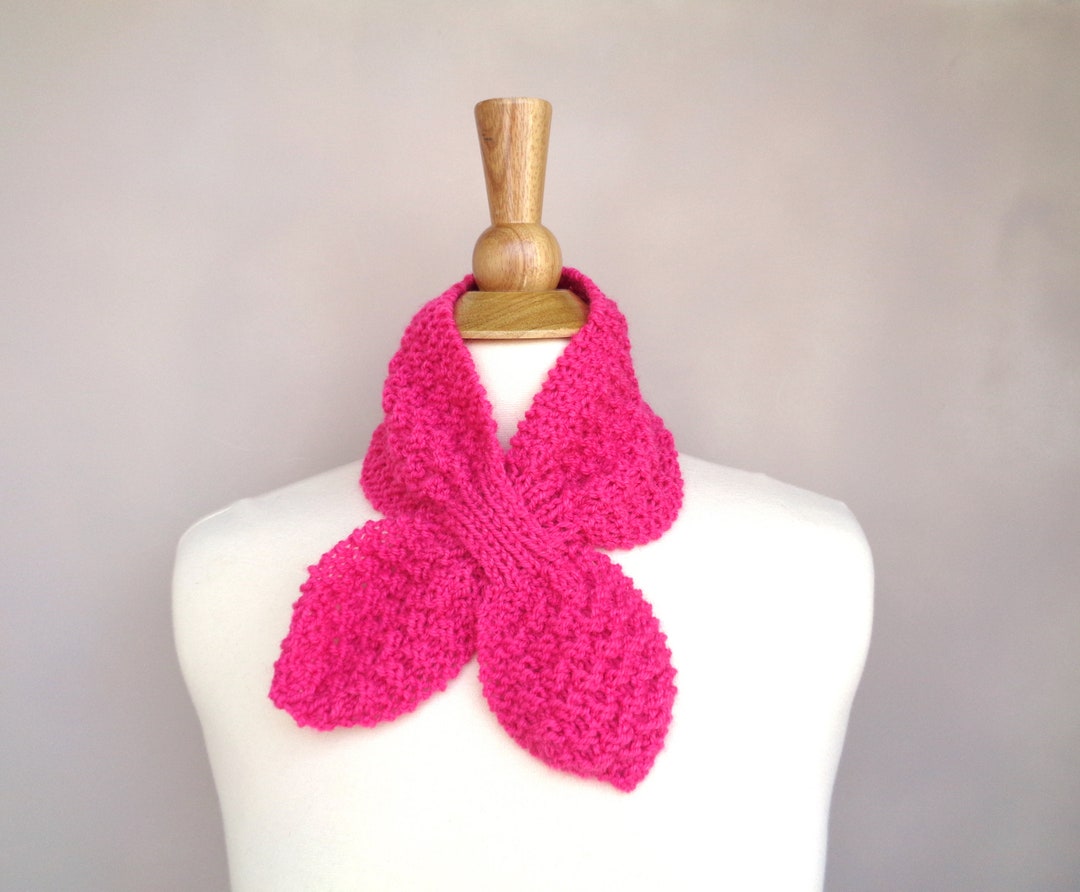 Girls Ascot Scarf, Bright Pink, Hand Knit, Neck Warmer, Small Bow Scarf ...