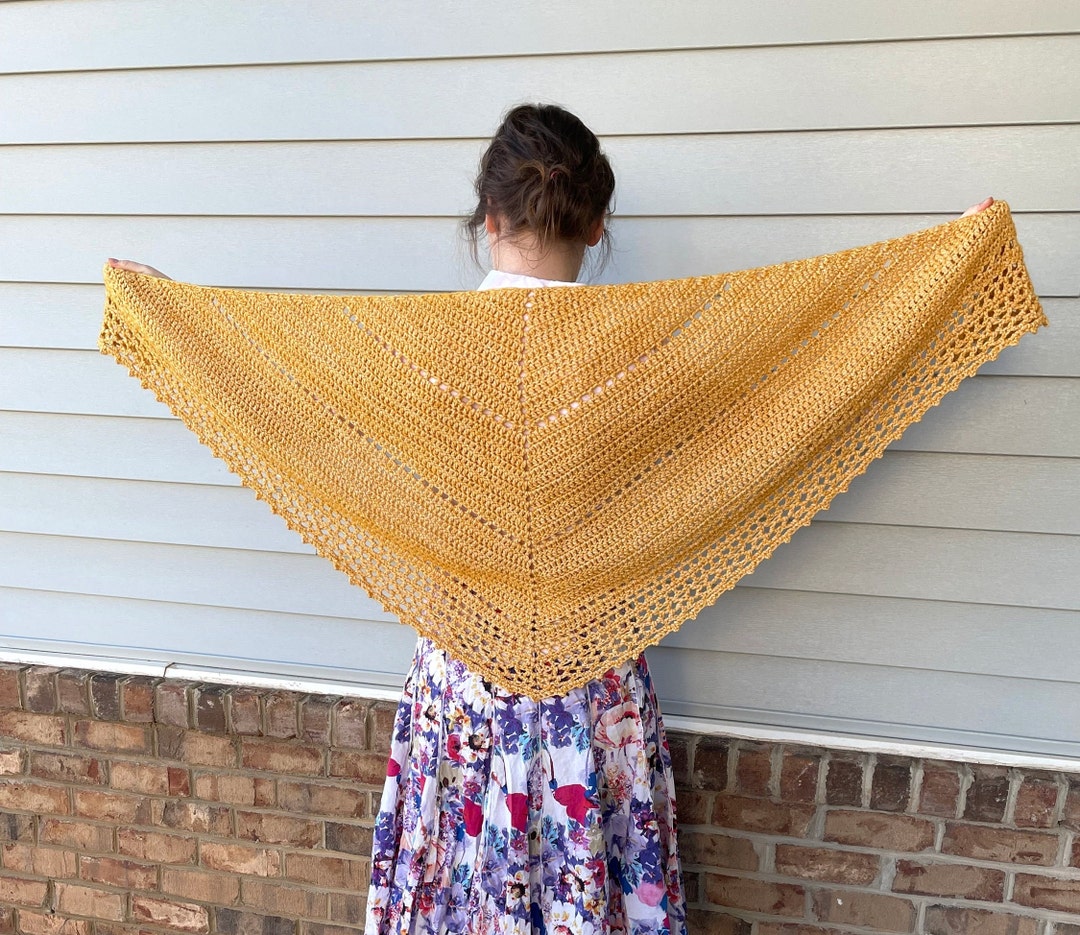 Crochet Shawl Wrap With Lace Border, Gold Yellow, Cotton Merino Wool ...