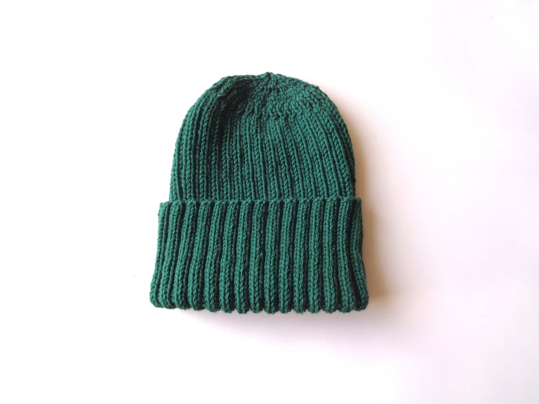 XL Mens Hat, Forest Green, Watch Cap With Folded Brim, Hand Knit ...