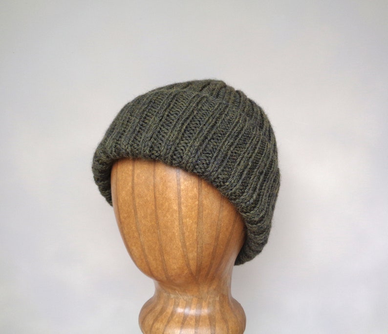 XL Mens Hat, Forest Green, Watch Cap With Folded Brim, Hand Knit ...