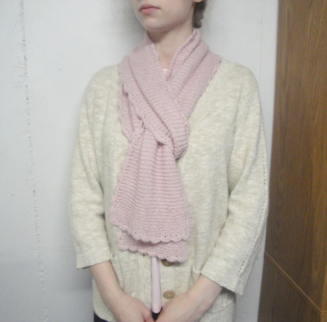 Alpaca Wool Scarf with Scallops Pale Pink Hand Knit Natural | Etsy