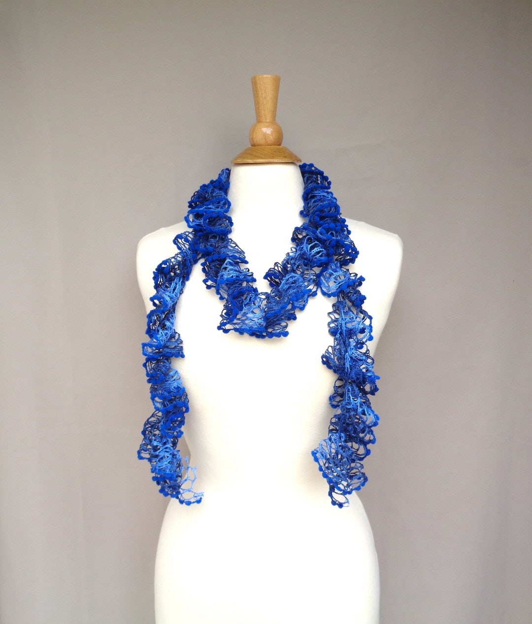 Skinny Ruffle Scarf, Royal Blue Crazy Art Scarf, Open Mesh Lace, Team ...