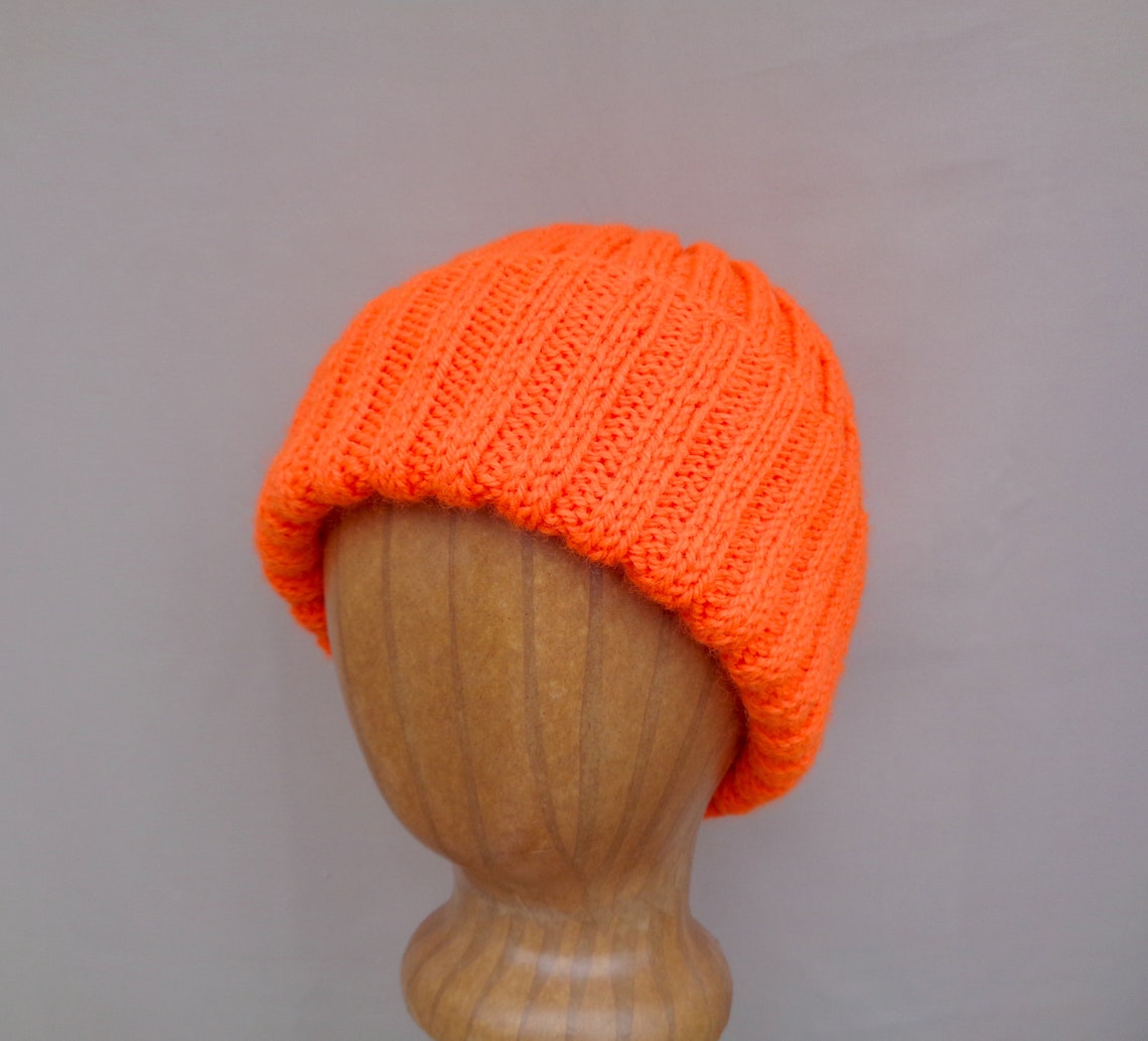 Neon Orange Hat, Hand Knit, Wool Blend, Teens Men Women, Watch Cap ...