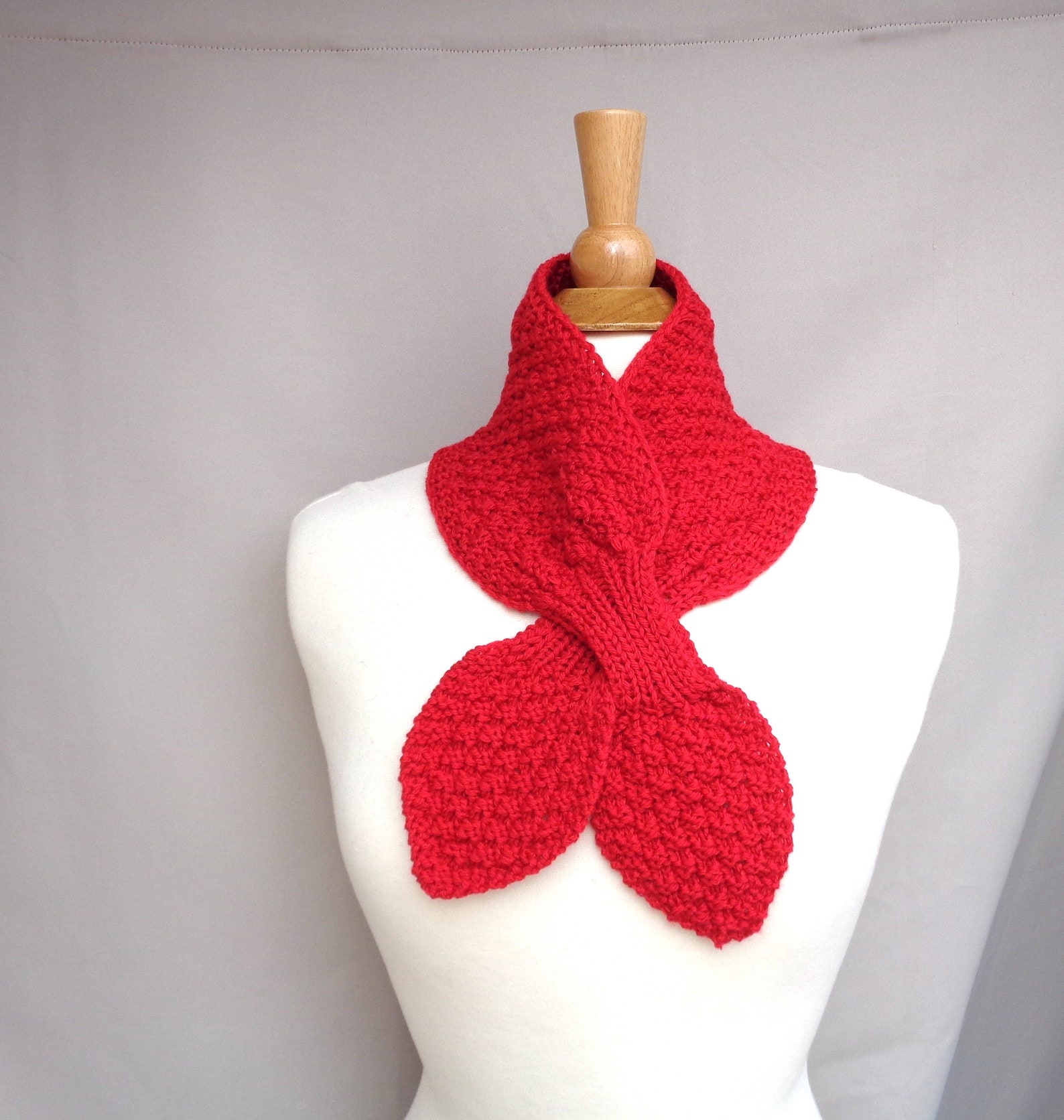 Hand Knit Neck Scarf, Bright Red, Cashmere Merino Wool, Ascot Bow Scarf ...