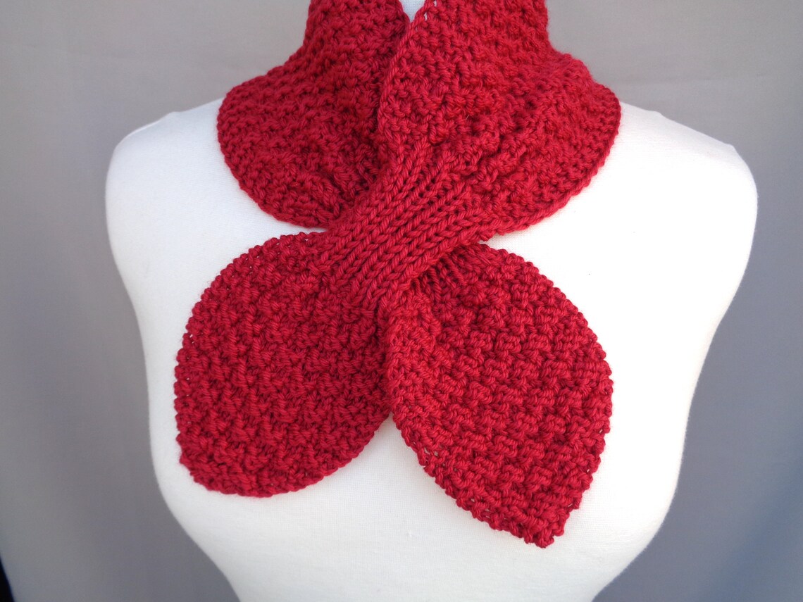 Hand Knit Neck Scarf, Bright Red, Cashmere Merino Wool, Ascot Bow Scarf ...