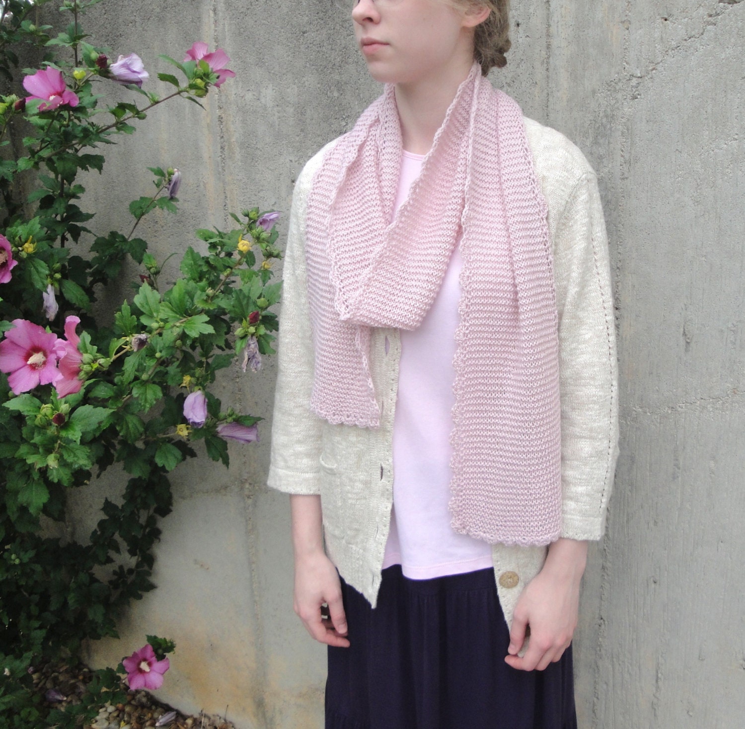 Alpaca Wool Scarf With Scallops, Pale Pink, Hand Knit Natural Fiber ...