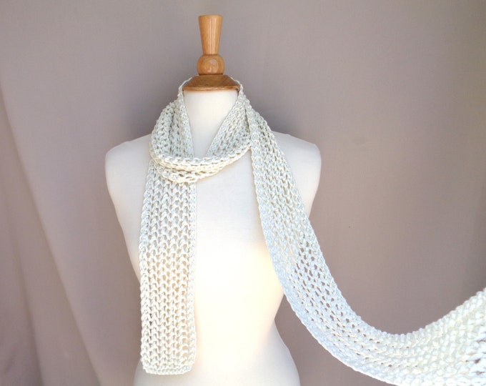Extra Long Skinny Scarf, Cream White, Mesh Lace, Hand Knit Cotton ...