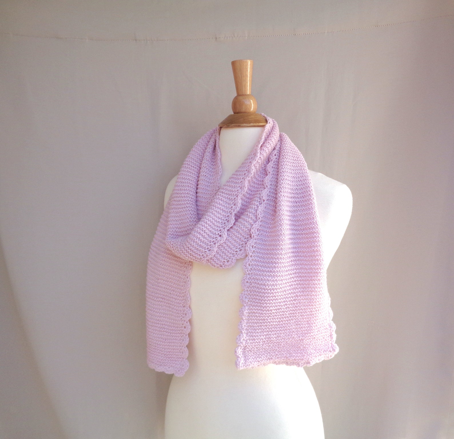 Alpaca Wool Scarf With Scallops, Pale Pink, Hand Knit Natural Fiber ...