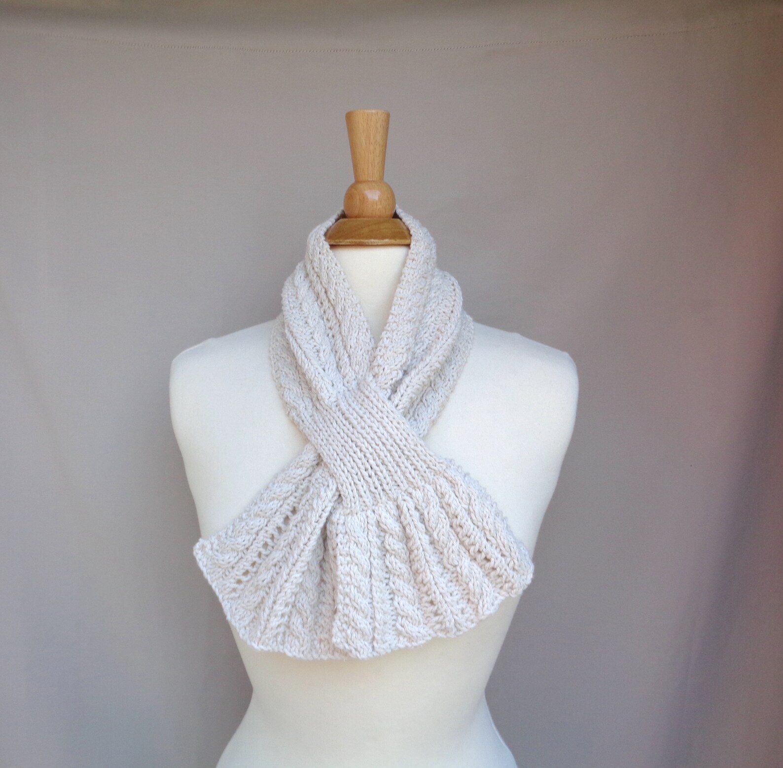 Keyhole Scarf With Cables Hand Knit Natural Beige Cotton - Etsy