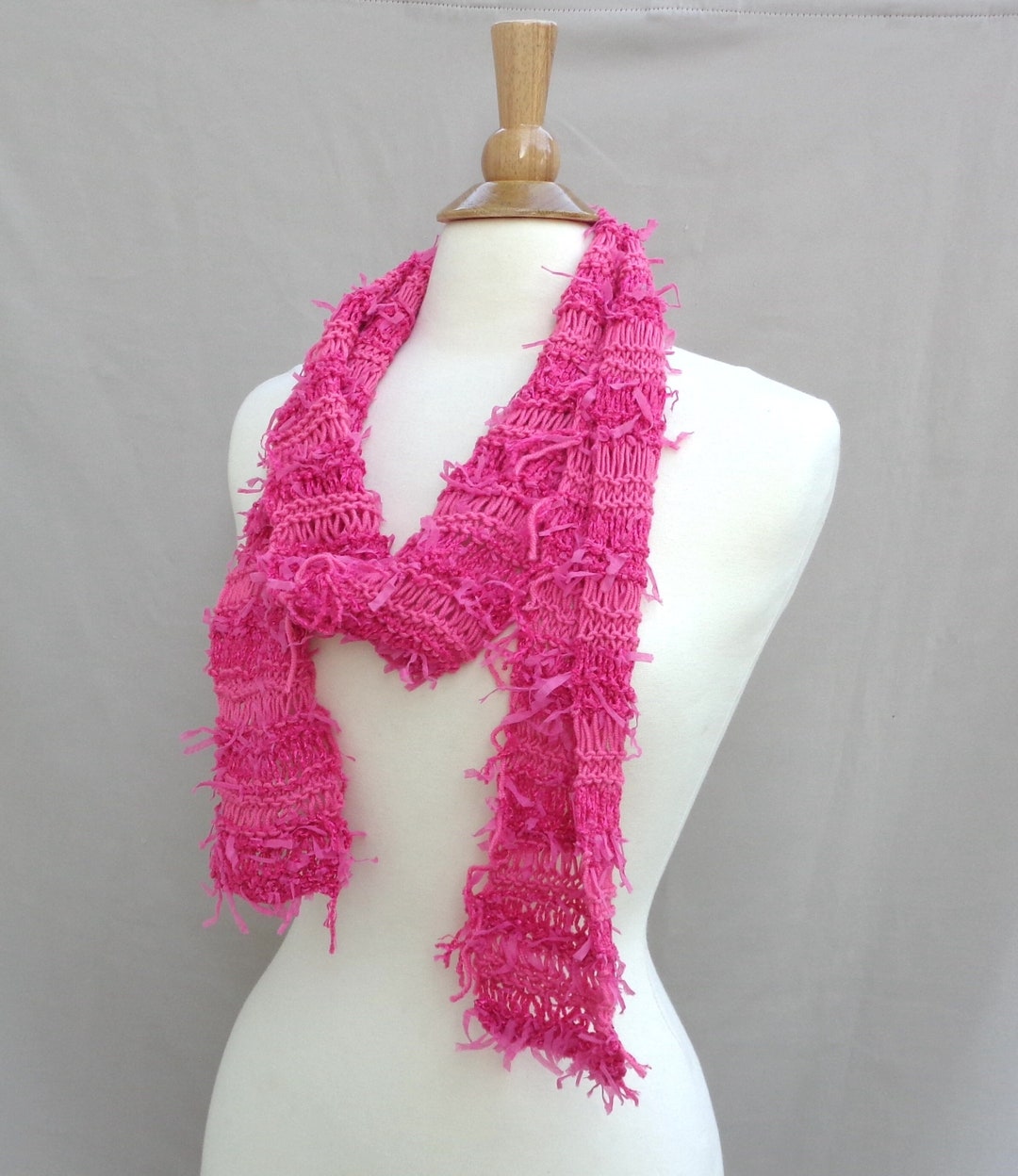 Scrappy Pink Art Scarf With Mixed Texture, Bright Pink, Skinny Thin ...
