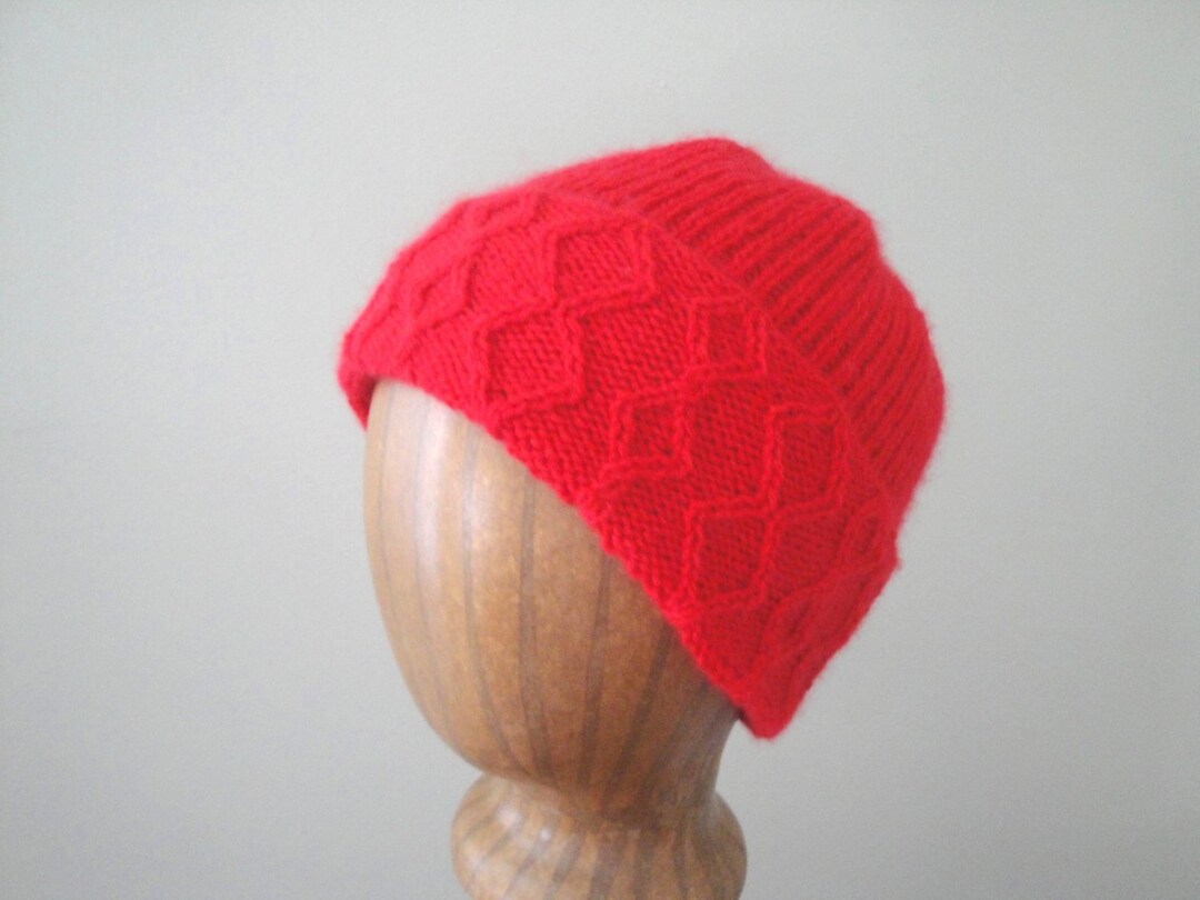 Bright Red Cashmere Hat, Hand Knit, Cable Design, Fold up Brim Watch ...