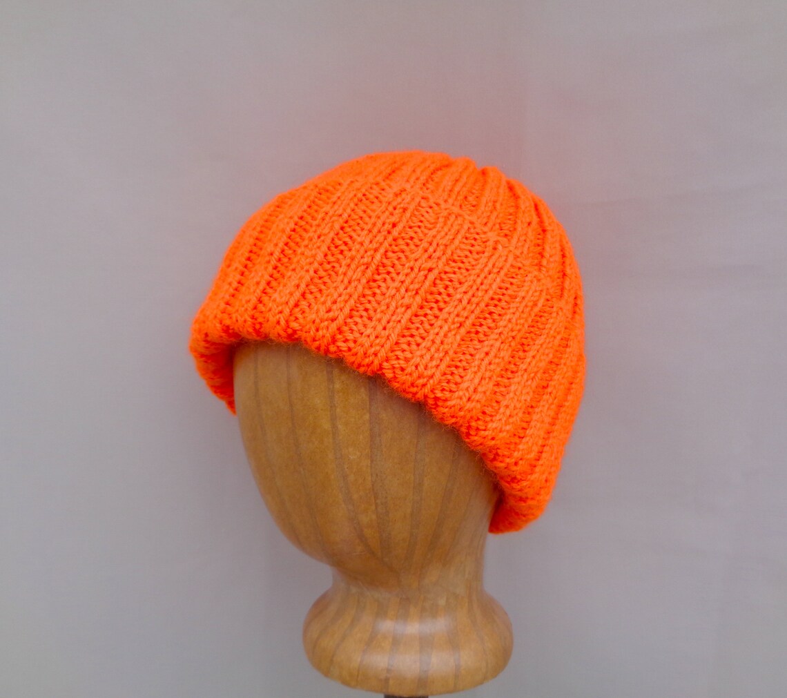 Neon Orange Hat, Hand Knit, Wool Blend, Teens Men Women, Watch Cap ...