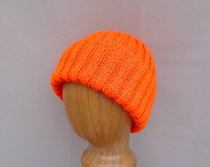 Neon Orange Hat, Hand Knit, Wool Blend, Teens Men Women, Watch Cap ...
