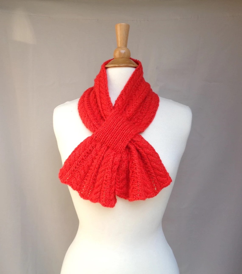 Bright Red Keyhole Scarf Cable Design Hand Knit 100% - Etsy