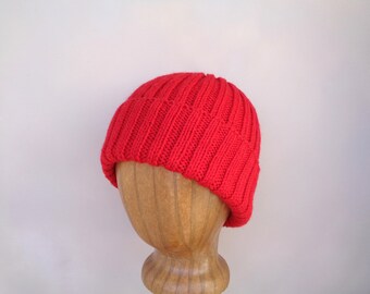 Warm Wool Hat Hand Knit Watch Cap Bright Red & Tan Toque | Etsy