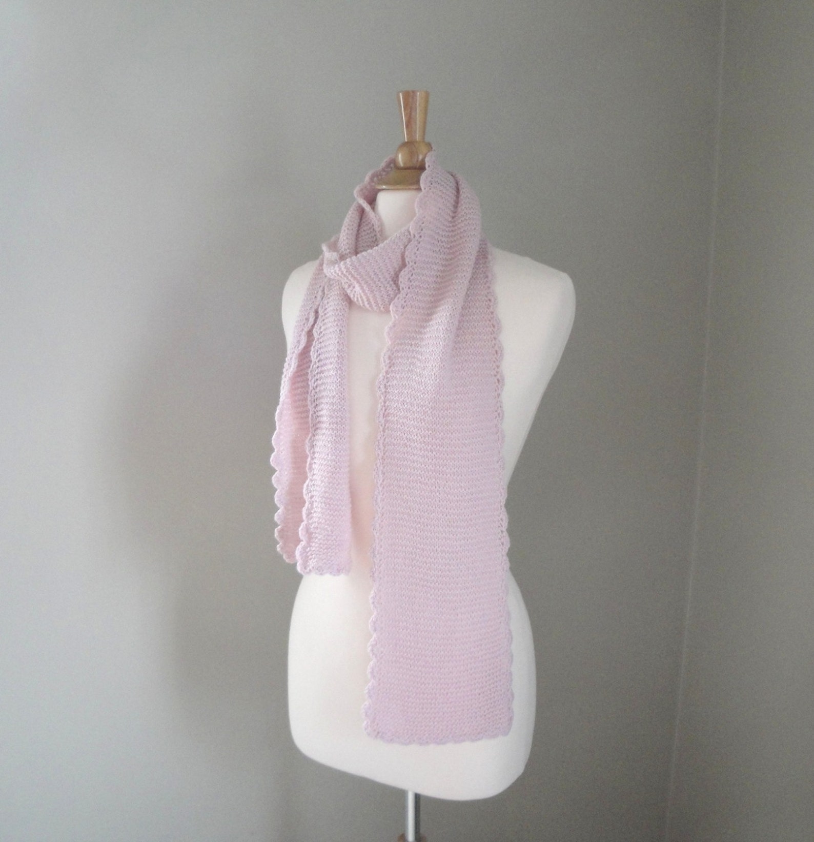 Alpaca Wool Scarf With Scallops, Pale Pink, Hand Knit Natural Fiber ...