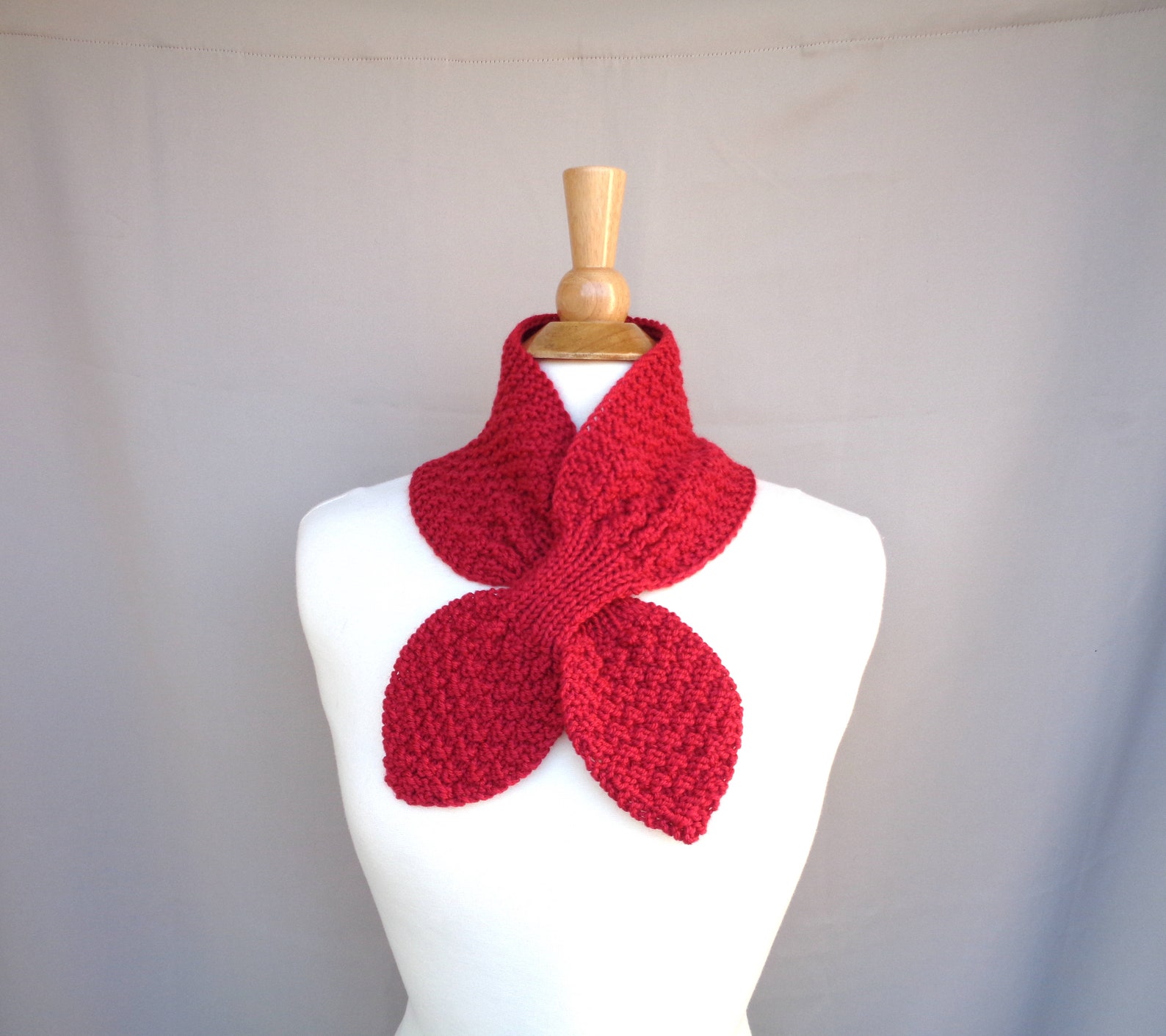 Hand Knit Neck Scarf, Bright Red, Cashmere Merino Wool, Ascot Bow Scarf ...